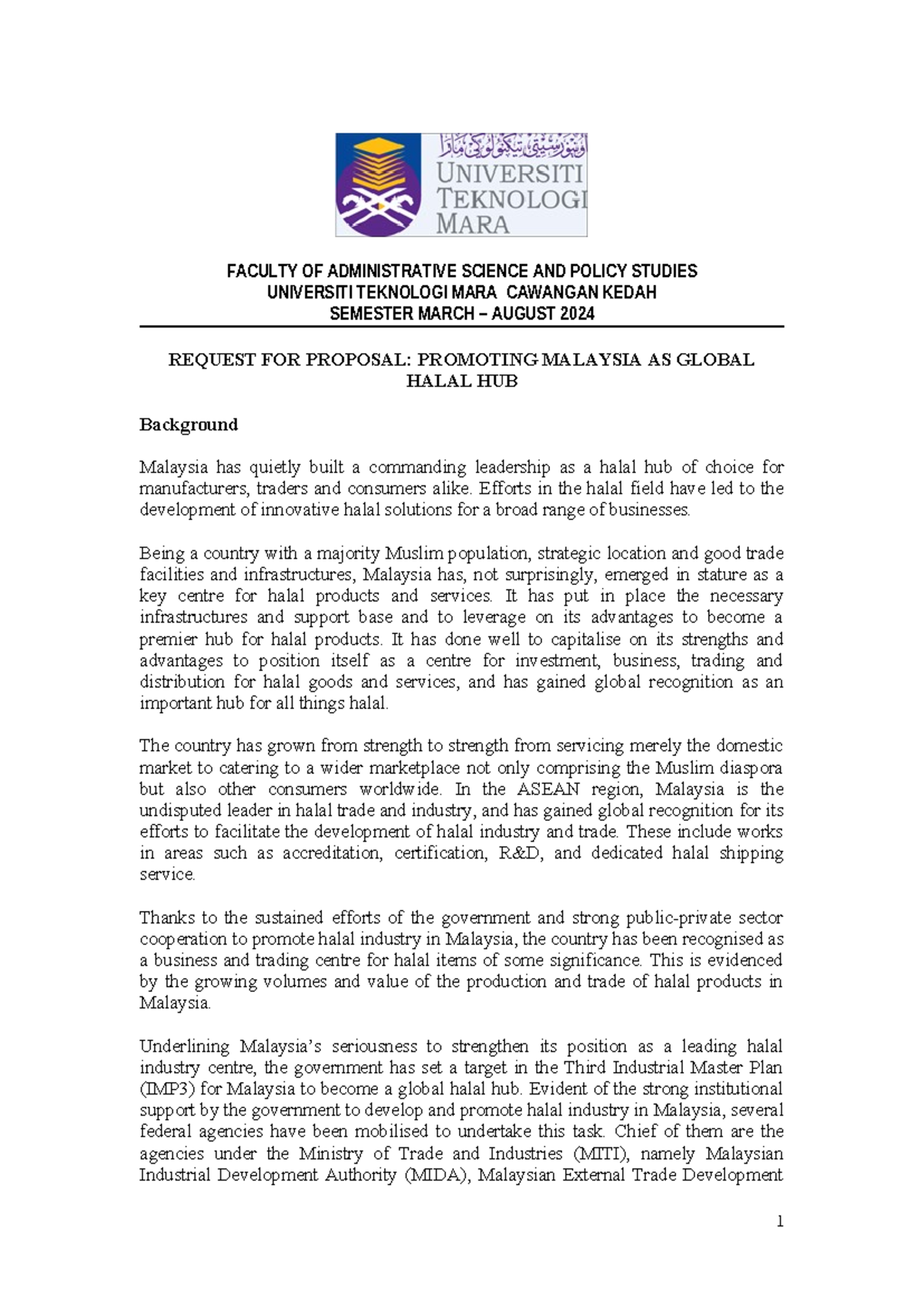 RFP Promoting Malaysia AS Global Halal HUB Kedah - FACULTY OF ...