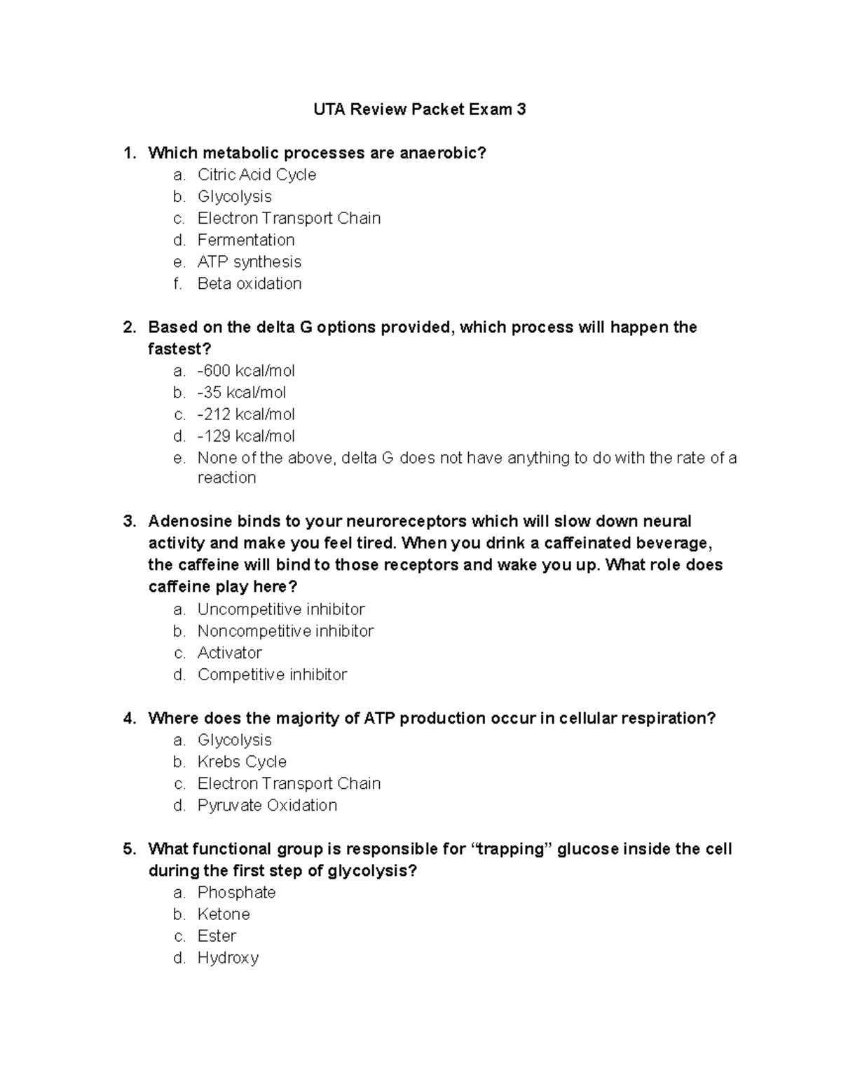 UTA Review Sheet Exam 3 - Enzymes and Substrates - UTA Review Packet ...