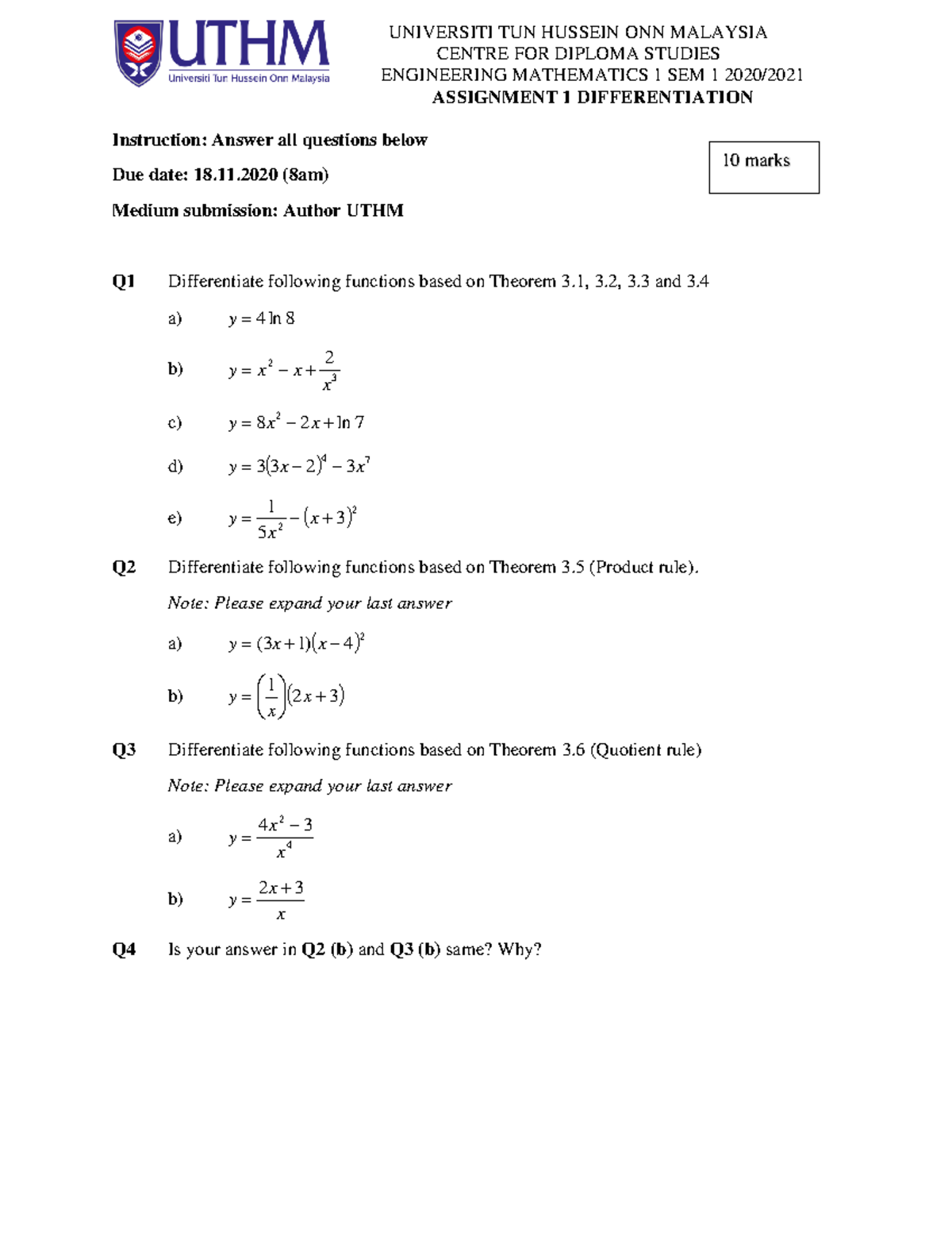 Assignment 1differentiation-em1 - UNIVERSITI TUN HUSSEIN ONN MALAYSIA CENTRE FOR DIPLOMA STUDIES ...