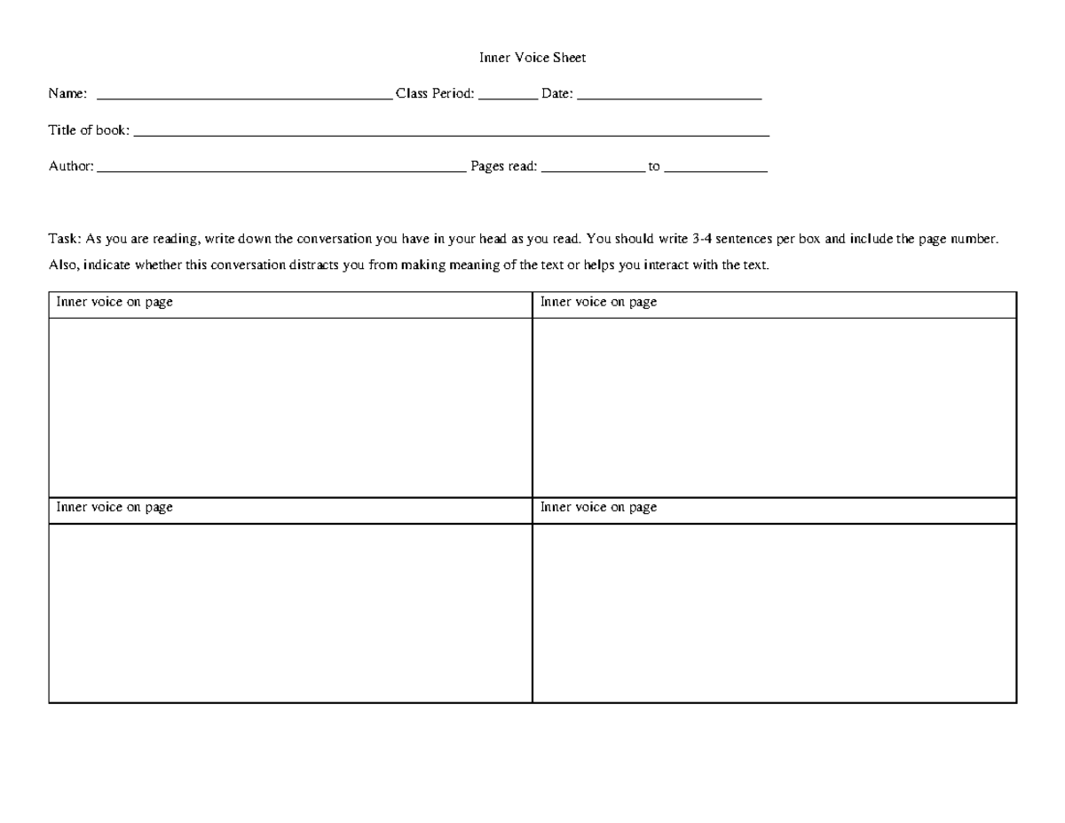 Inner Voice Sheet - Reading strategy to improve comprehension. - Inner ...