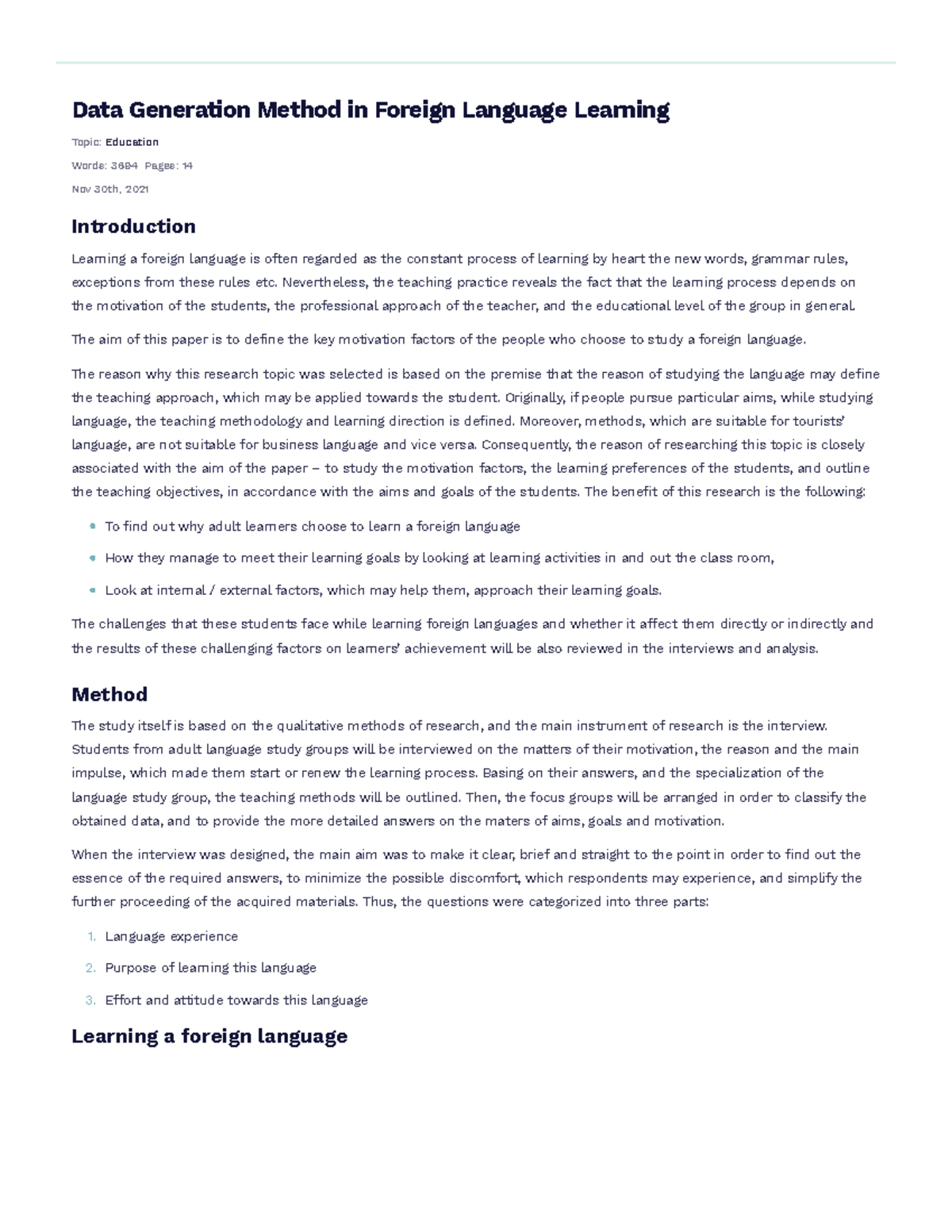 Data Generation Method in Foreign Language Learning Free Essay Example - Data Generation Method ...