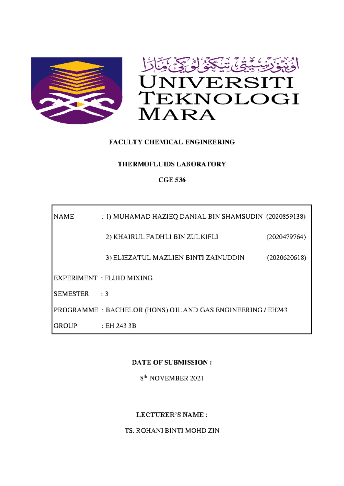 Group 7 LAB Report 1 Fluid Mixing - FACULTY CHEMICAL ENGINEERING ...