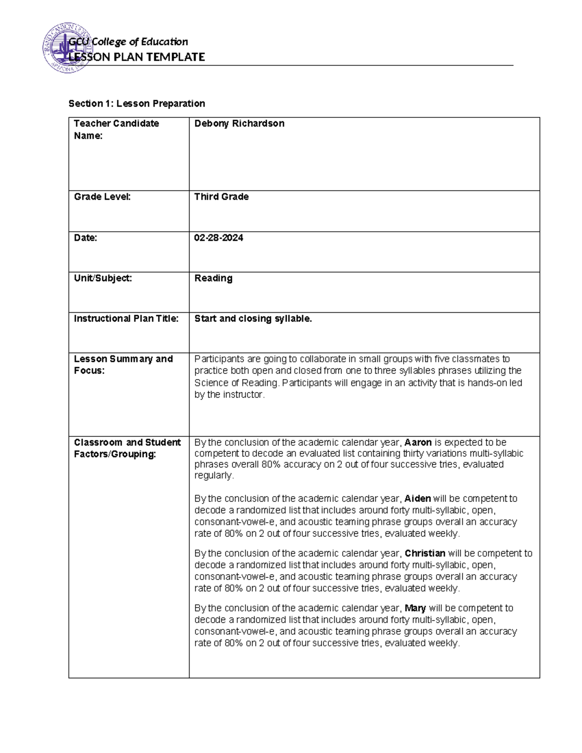Benchmark – Special Education Lesson Plan - LESSON PLAN TEMPLATE ...