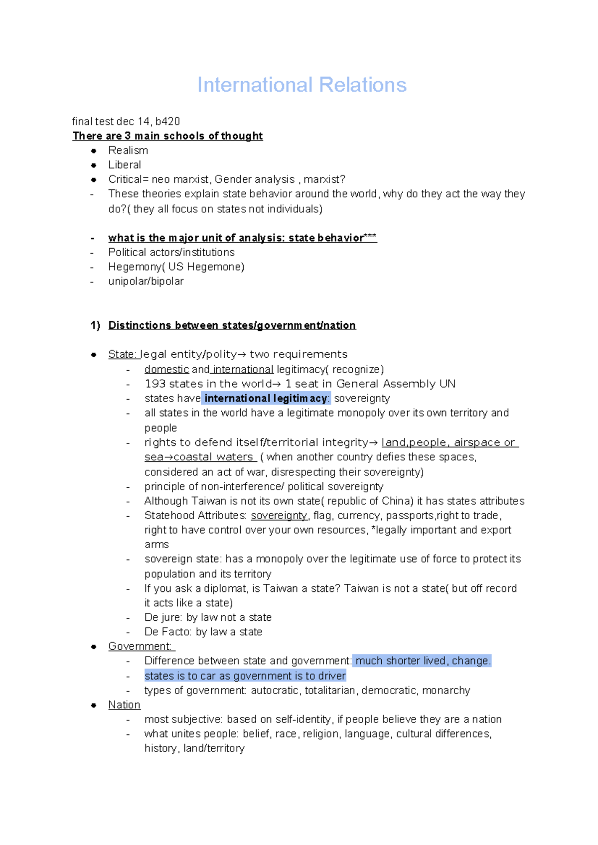 IR - Notes for intro to international relations - International ...