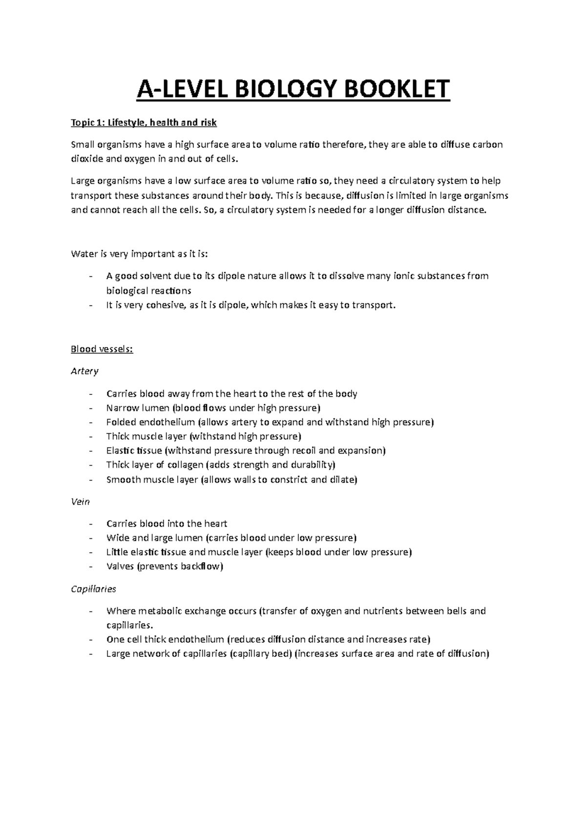 A Level Biology A LEVEL BIOLOGY BOOKLET Topic 1 Lifestyle Health