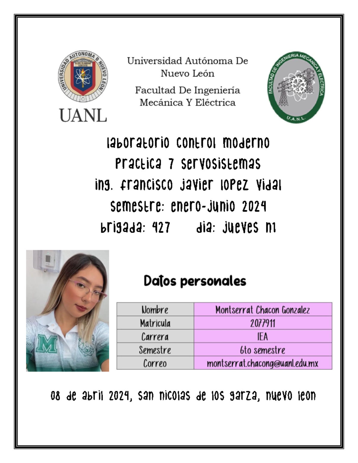 PRACTICA 7 CONTROL MODERNO - Laboratorio control moderno PRACTICA 7 SERVOSISTEMAS Ing. Francisco ...