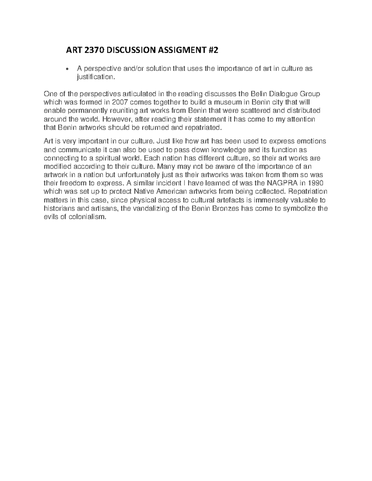 ART 2370 Discussion 2 Assigmment - ART 2370 DISCUSSION ASSIGMENT • A ...