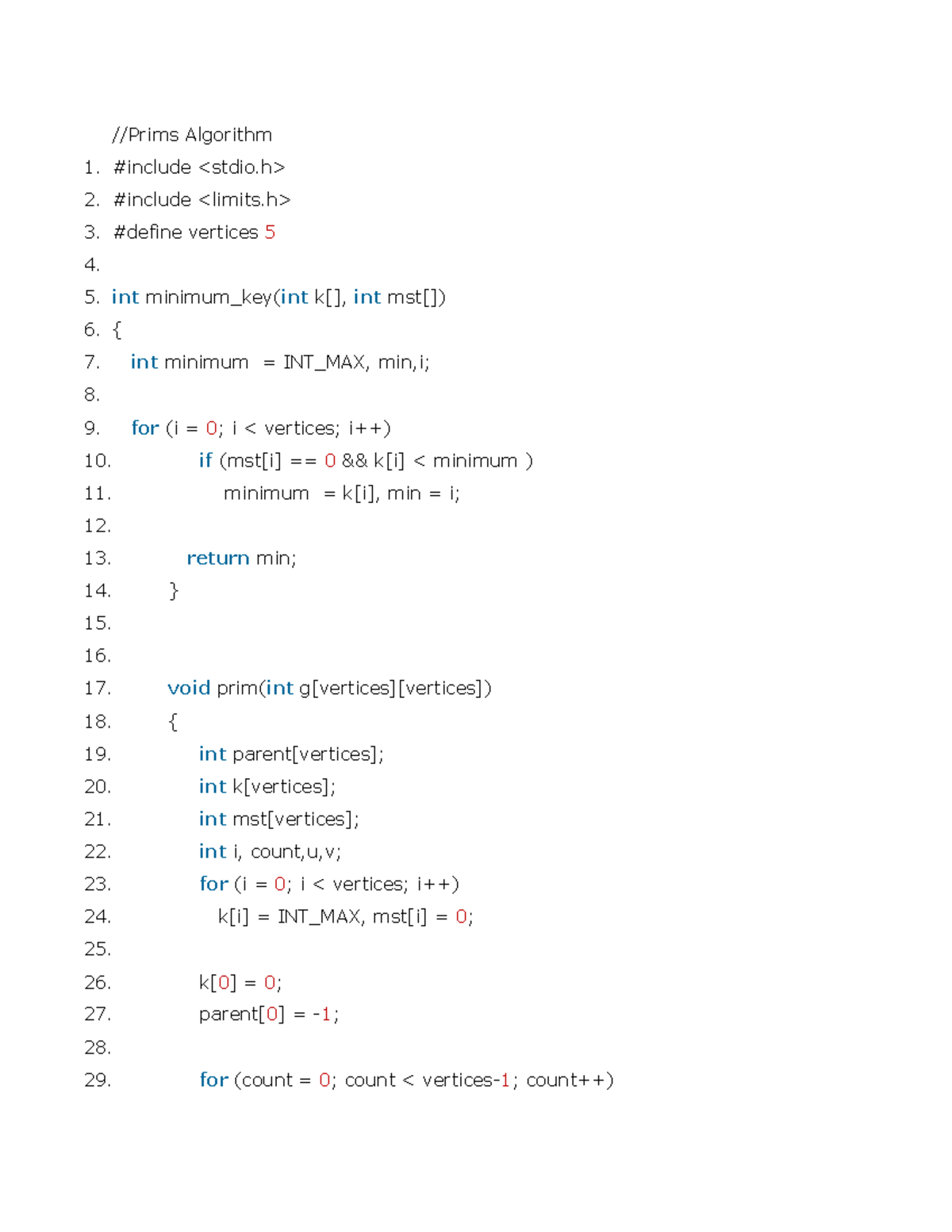 Prims Kruskals Algorithm Prims Algorithm Include Include Define