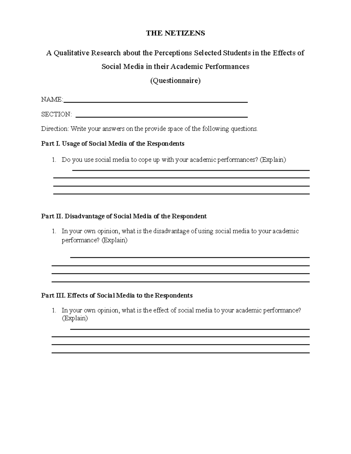 A Qualitative Research about the Perceptions - Questionnaire - THE ...