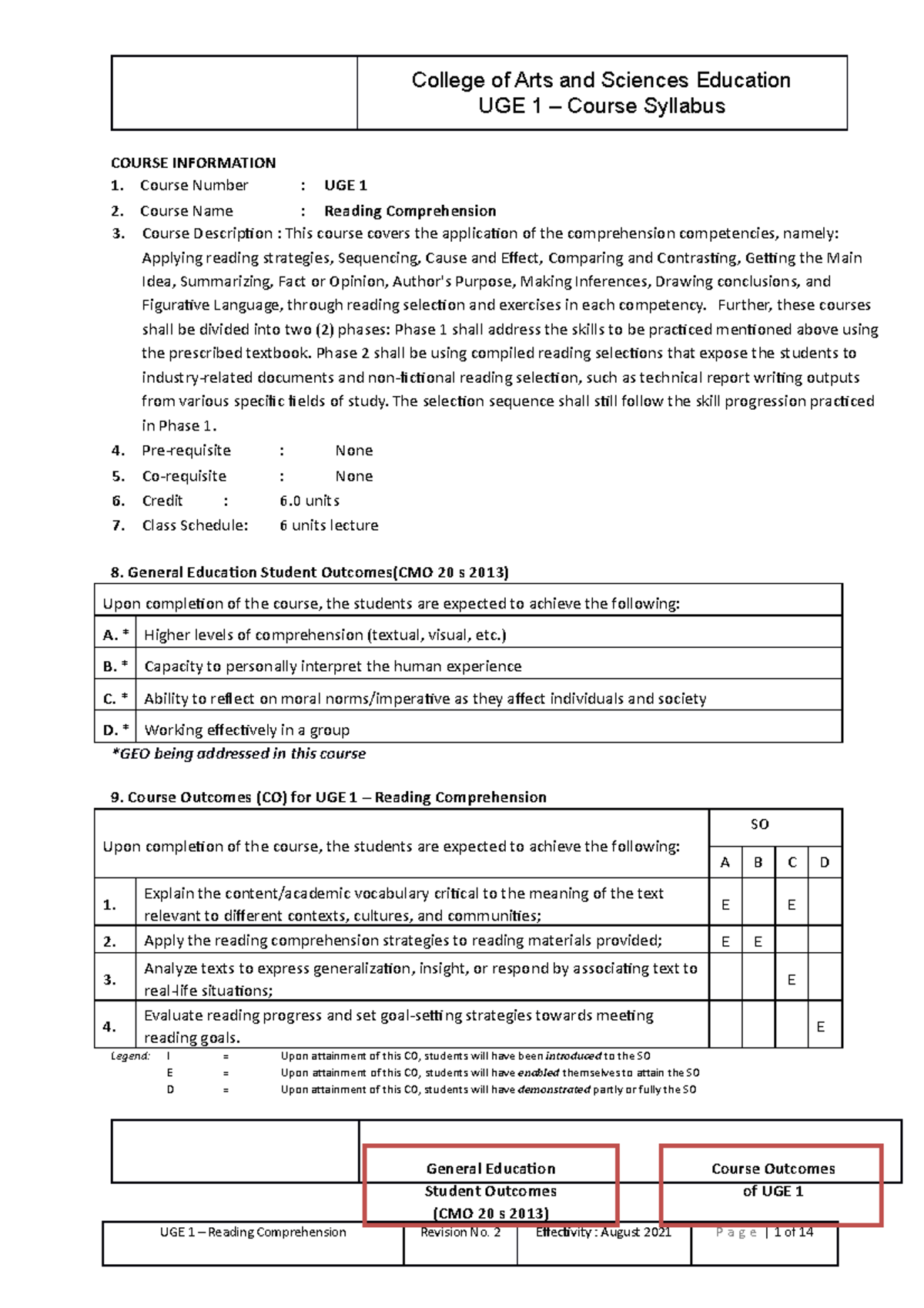 UGE-1-Syllabus - None - UGE 1 – Course Syllabus COURSE INFORMATION ...