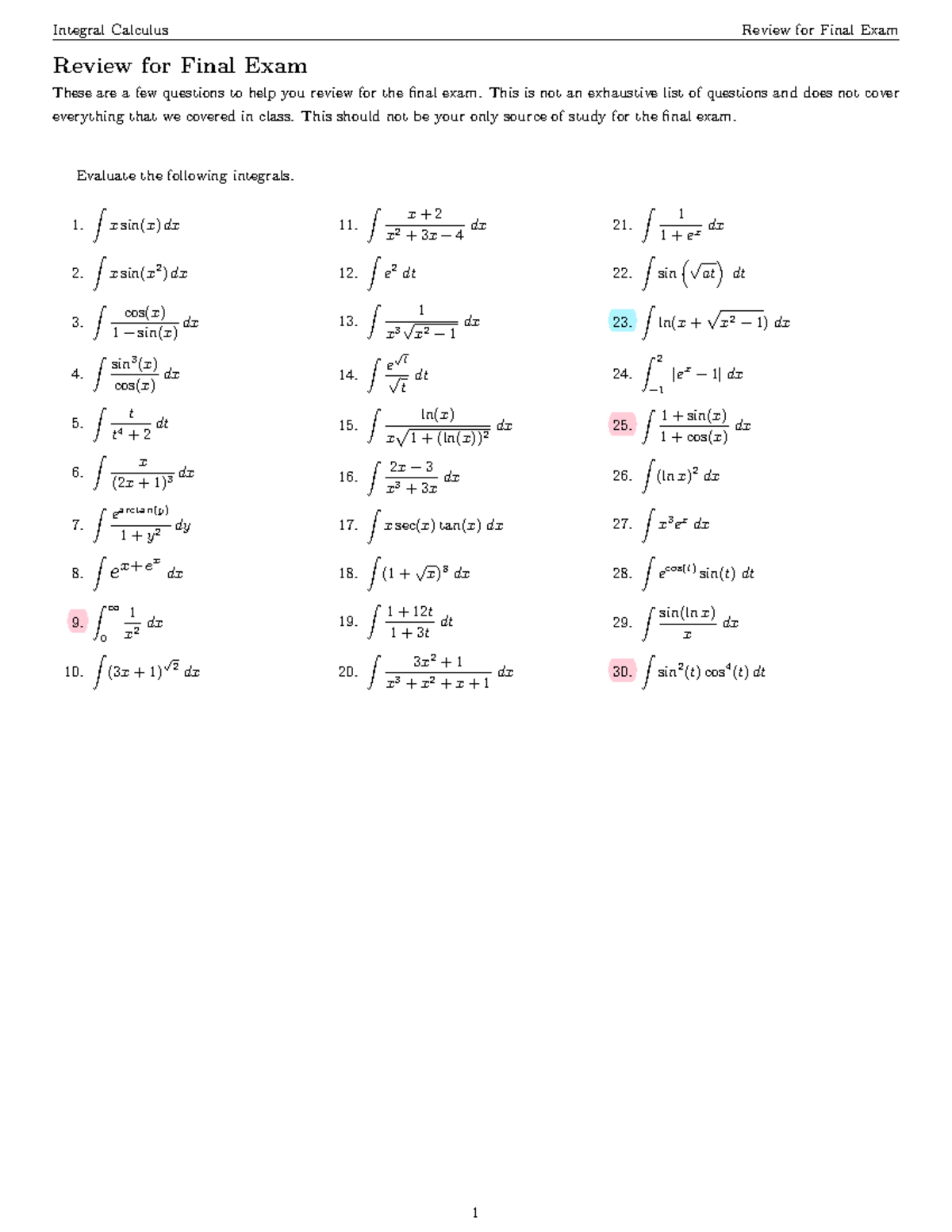 30 Integrals for Final Exam Review 240601 190741 - Integral Calculus ...