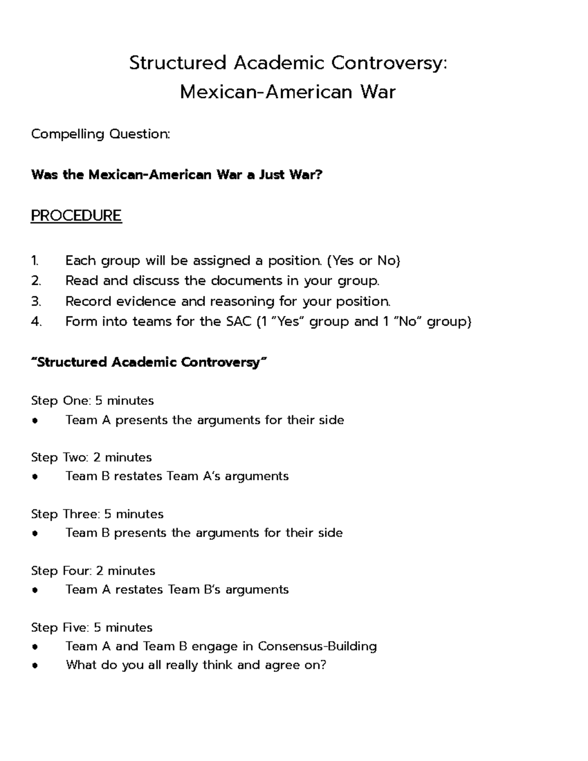 Structured Academic Controversy - Mexican American War - Structured ...