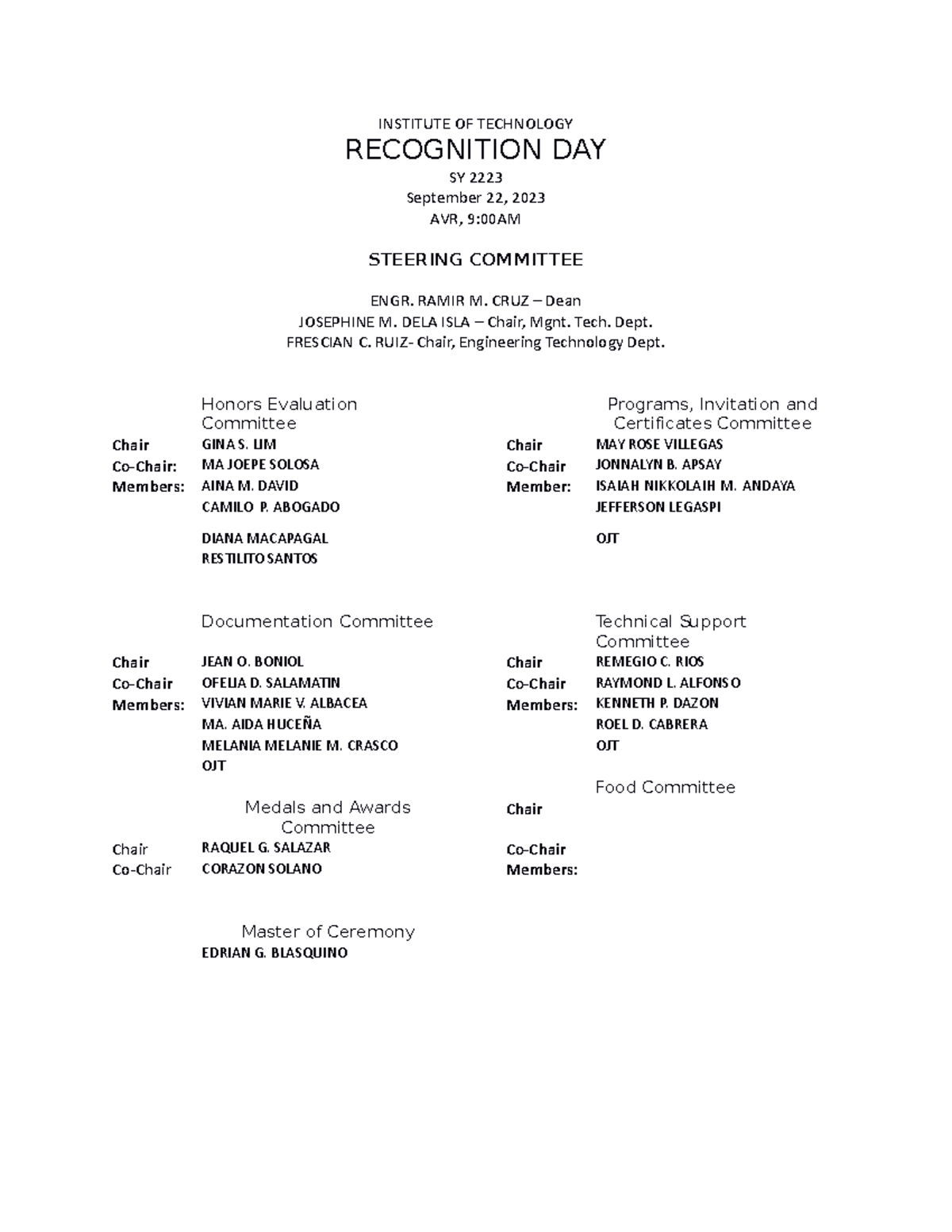 Sample Sample Sample - INSTITUTE OF TECHNOLOGY RECOGNITION DAY SY 2223 ...