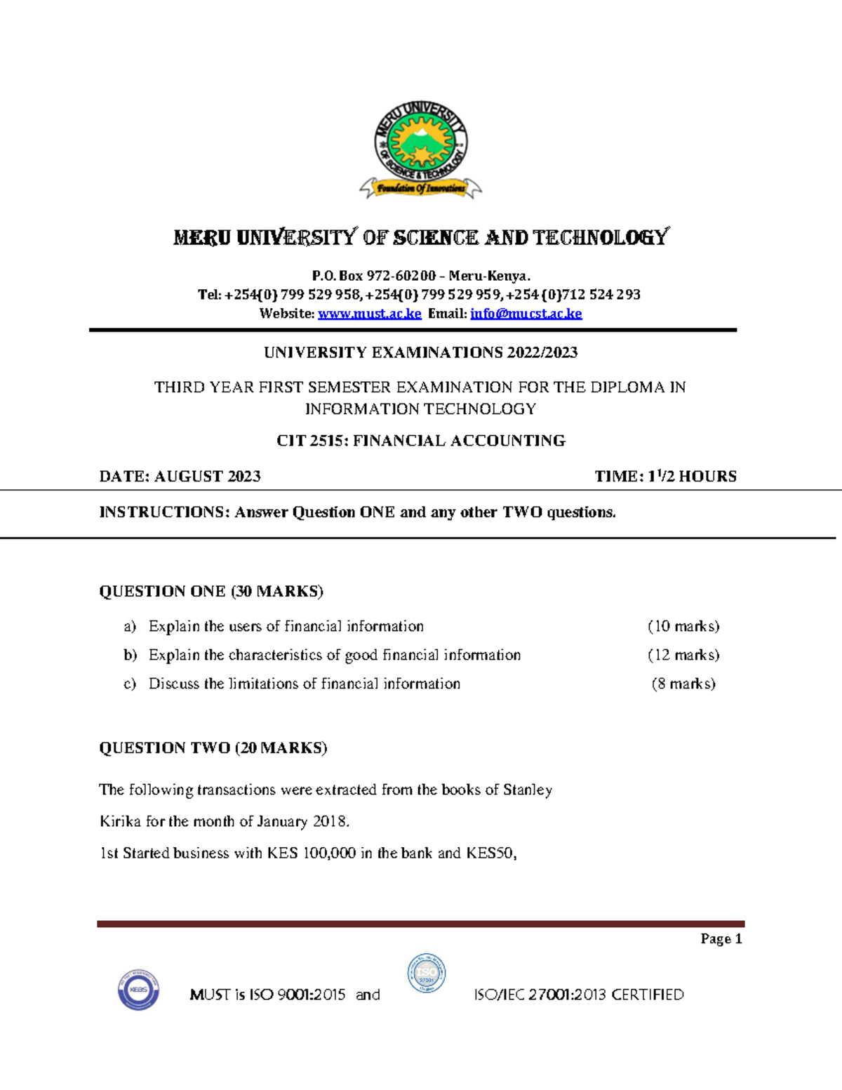 CIT 2515 Financial Accounting 2 - Page 1 MERU UNIVERSITY OF SCIENCE AND TECHNOLOGYMERU ...