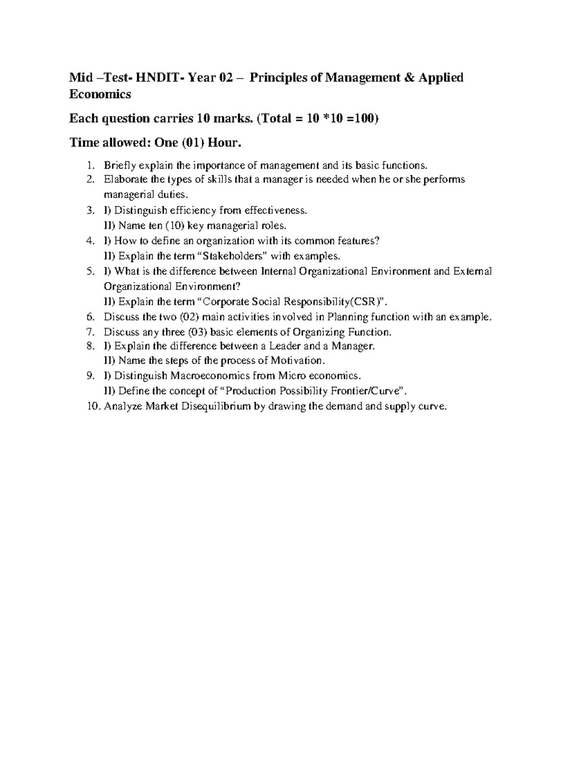 Mid test Hndit mgtecon - Mid – Test- HNDIT- Year 02 – Principles of ...