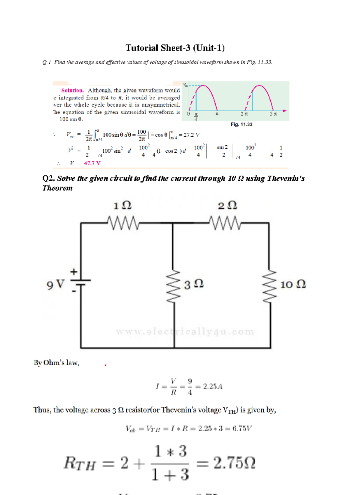 Tutsheet OF ece 249 - Tutorial Sheet- 3 (Unit-1) Q 1 Find the average and effective values of ...