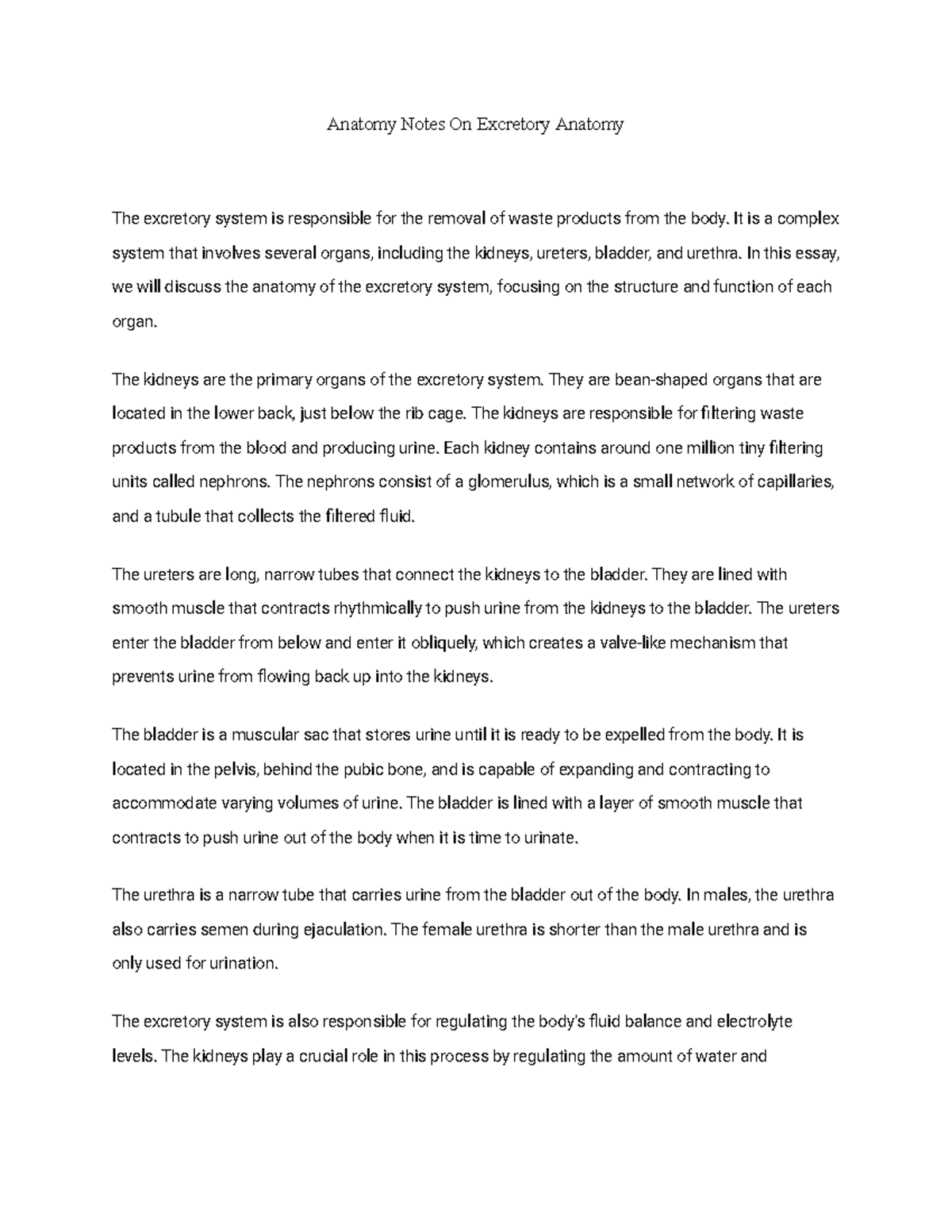 Excretory Anatomy Notes - Anatomy Notes On Excretory Anatomy The ...