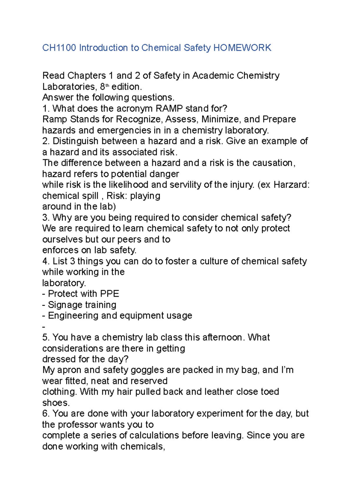 CH1100 Introduction to Chemical Safety Homework - CH1100 Introduction ...