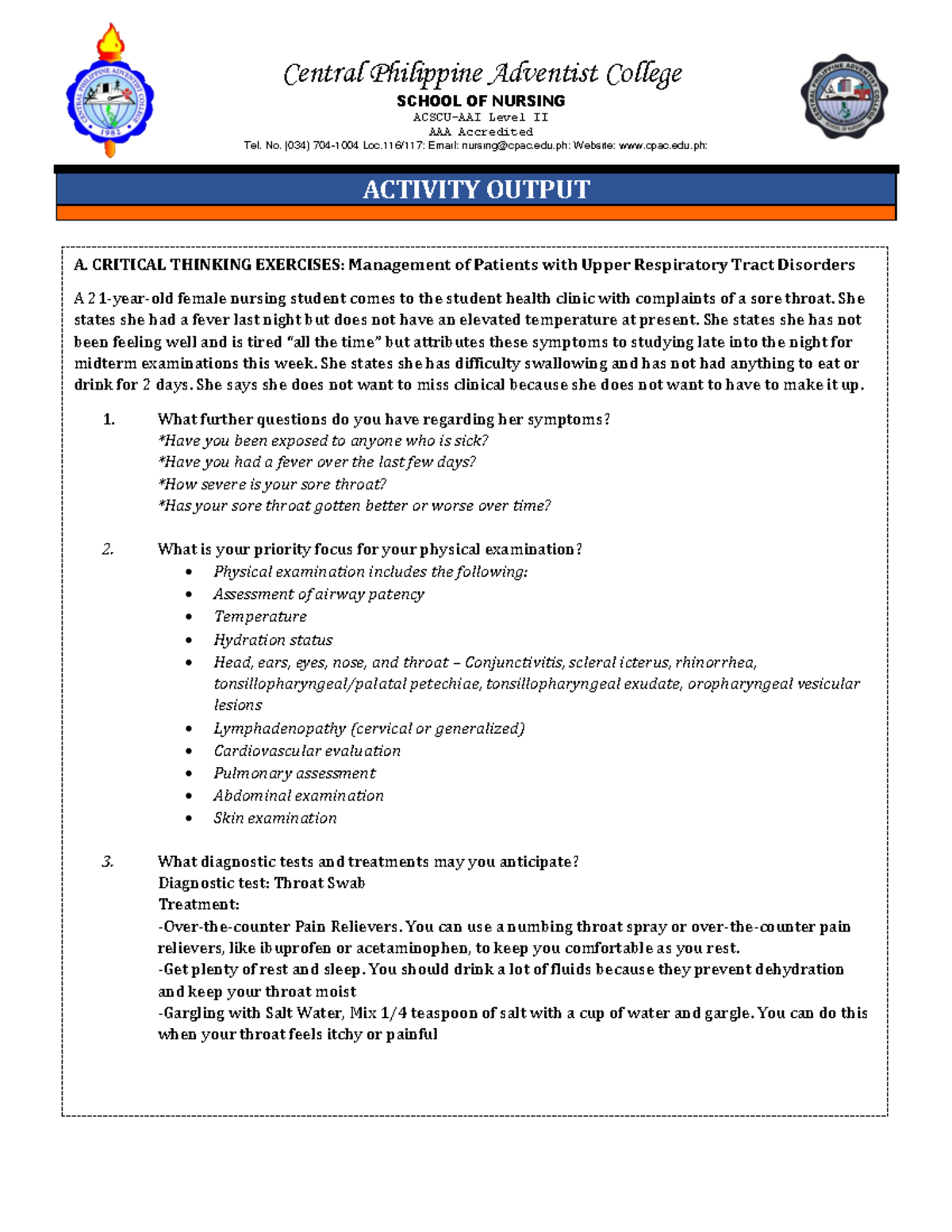 Critical Thinking Exercises - Management with patients having Upper ...