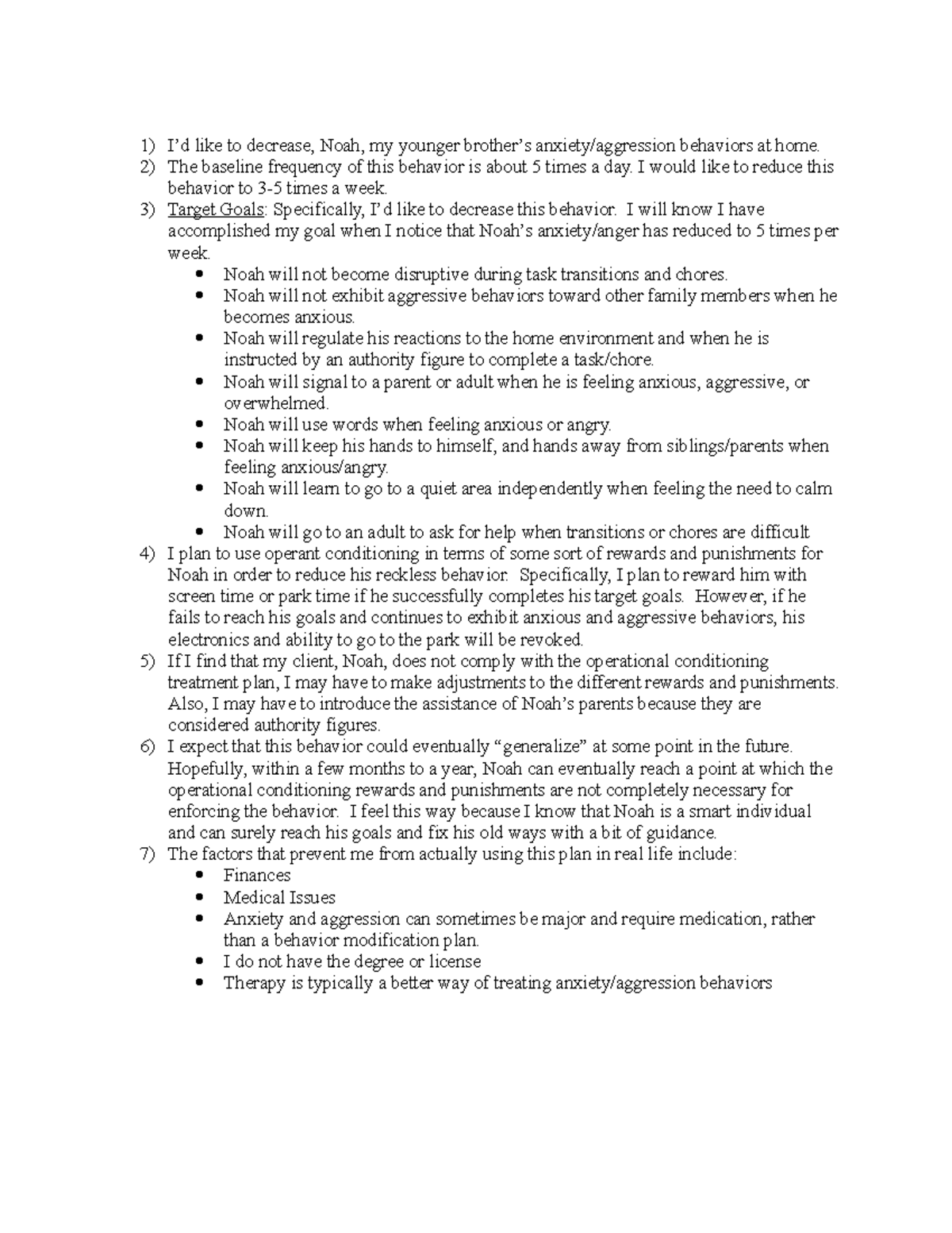 Behavior Modification Treatment Plan - I’d like to decrease, Noah, my ...