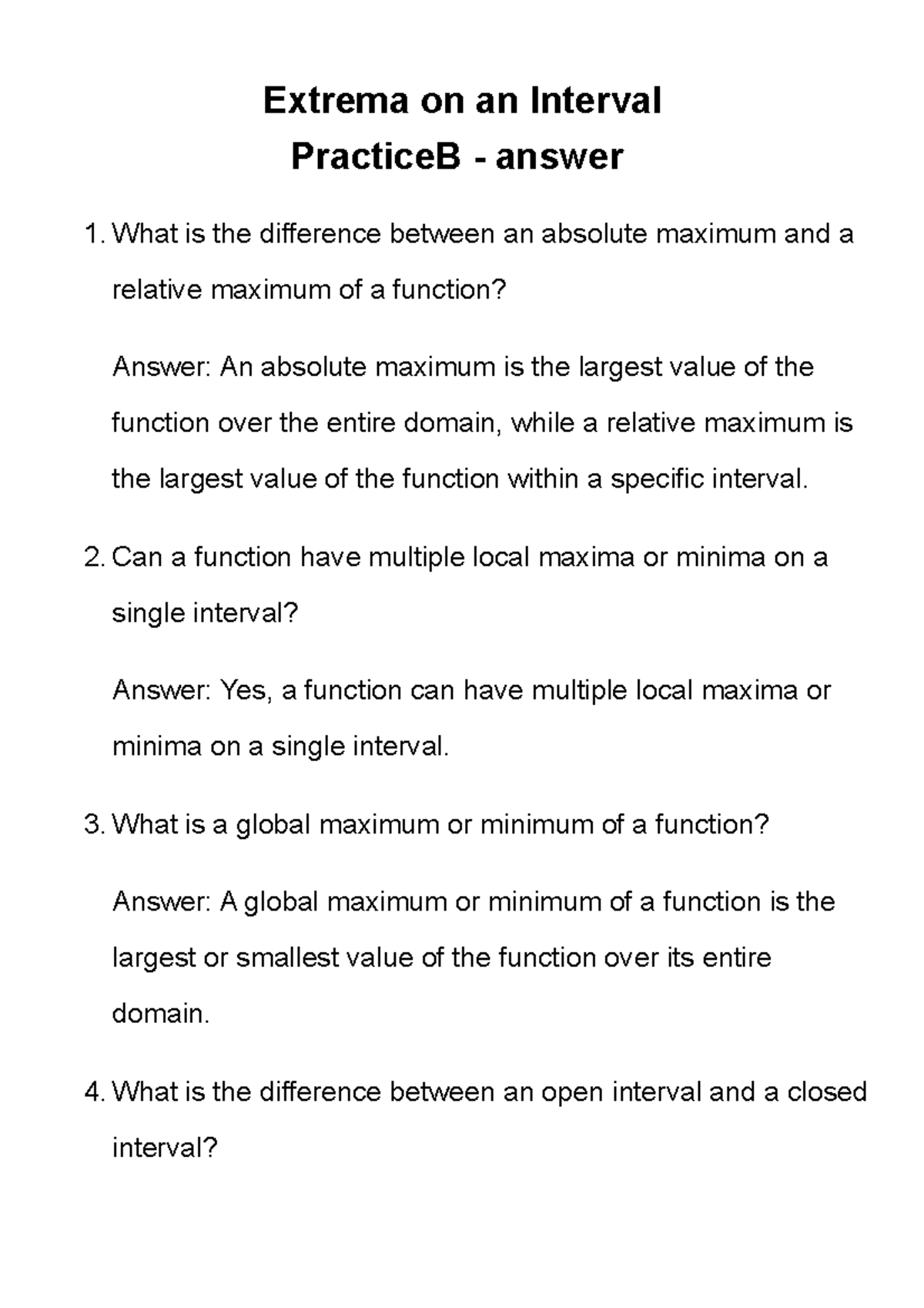 Extrema on an Interval Practice B - answer - Extrema on an Interval ...