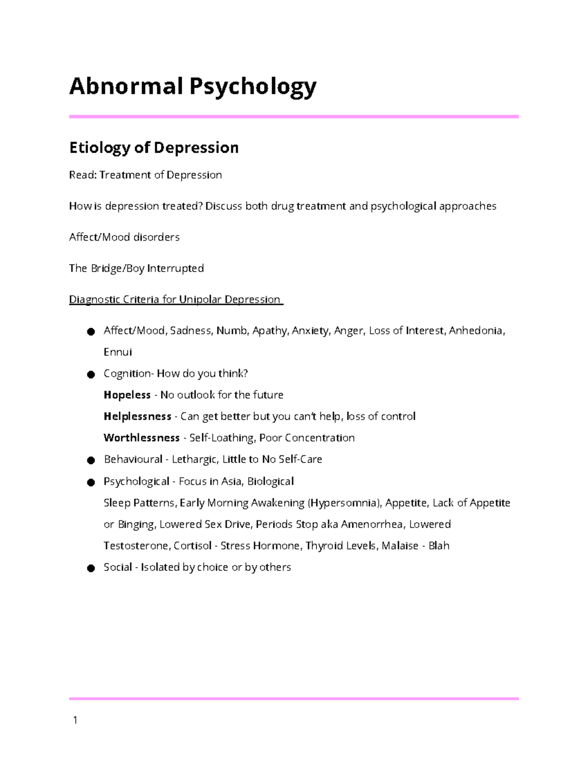 Depression Etiology - Summary Abnormal Psychology - Abnormal Psychology ...