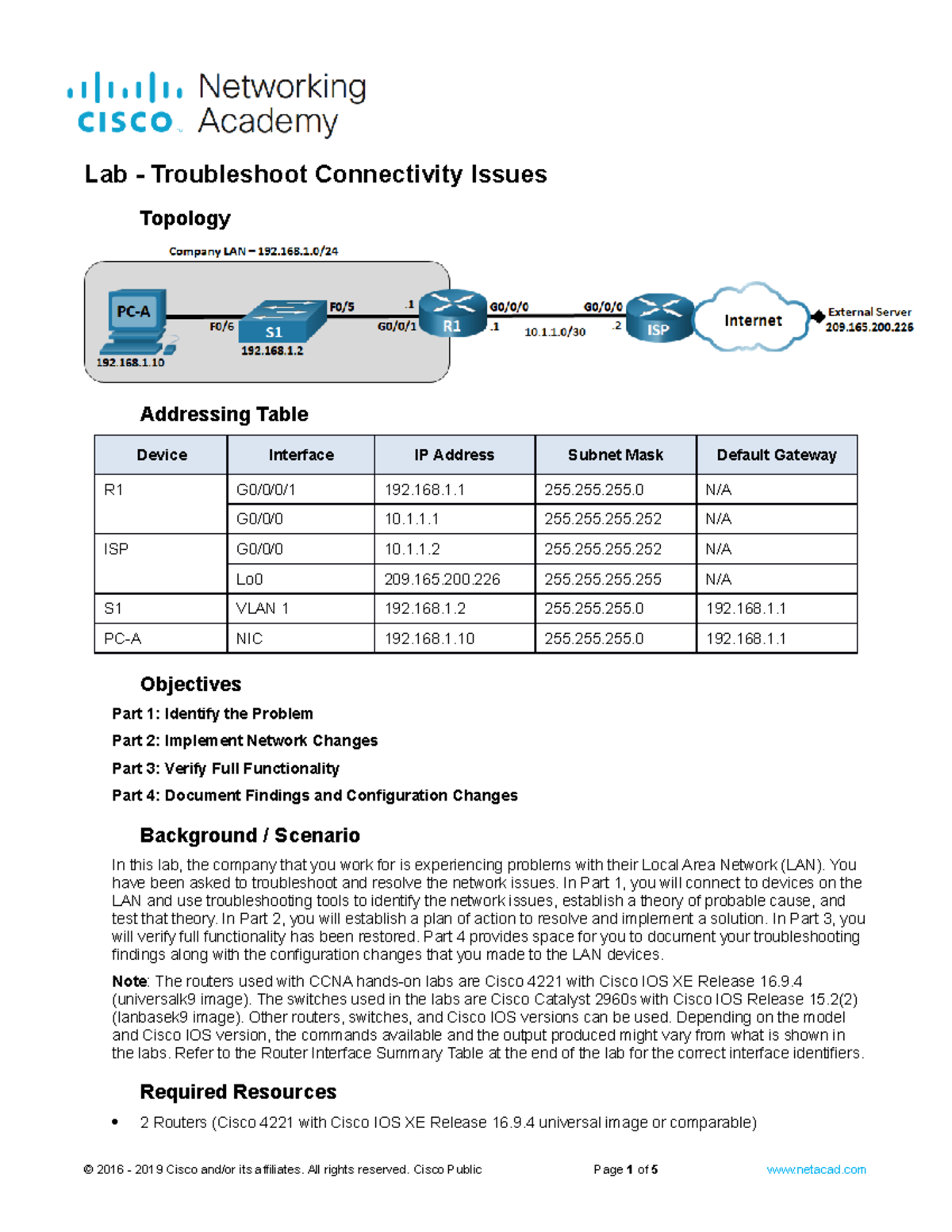 17.7.6 Lab - Troubleshoot Connectivity Issues - Topology Addressing Table Device Interface IP ...