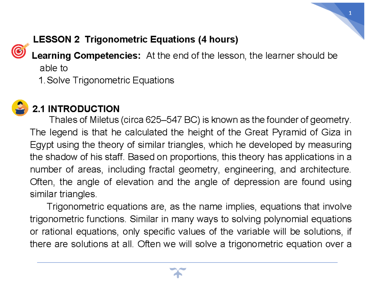 Trigonometric Equation - The legend is that he calculated the height of ...