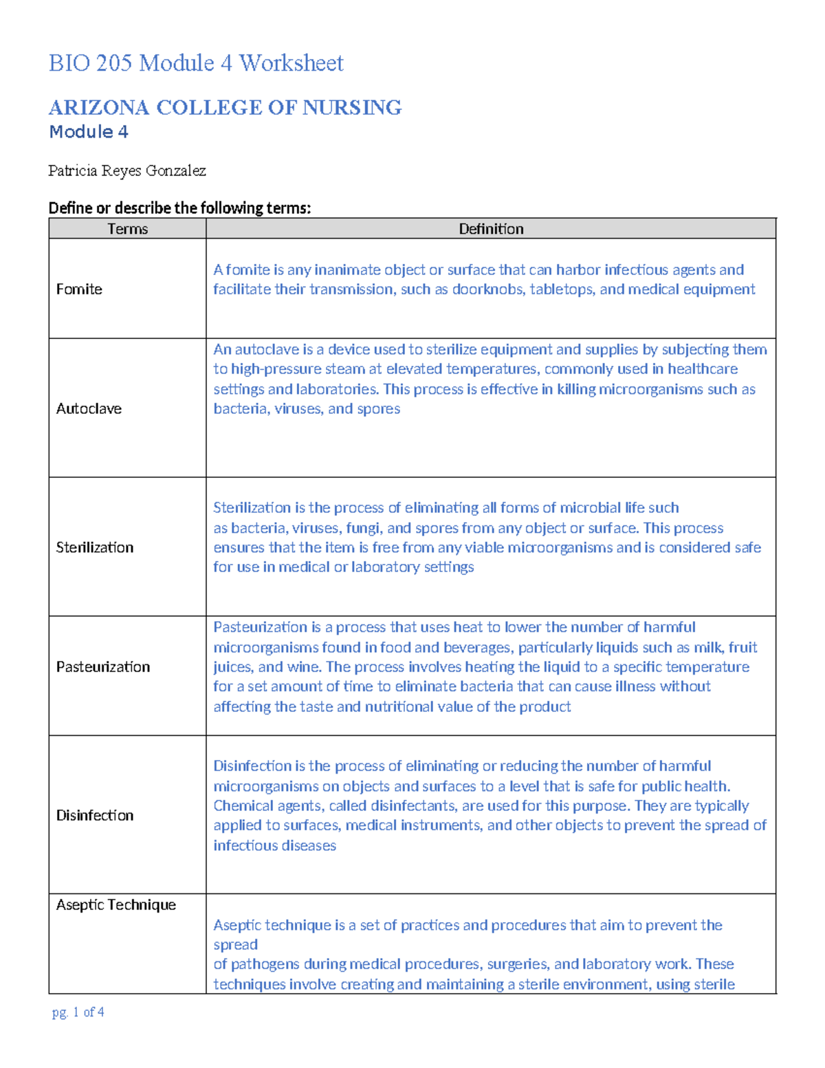 BIO 205 Module 4 Worksheet - ARIZONA COLLEGE OF NURSING Module 4 ...