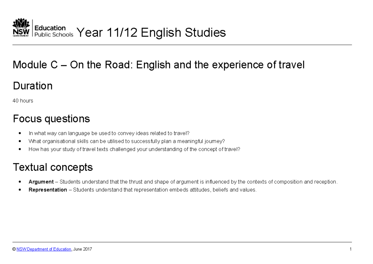 On the Road - Program - Year 11/12 English Studies Module C – On the ...