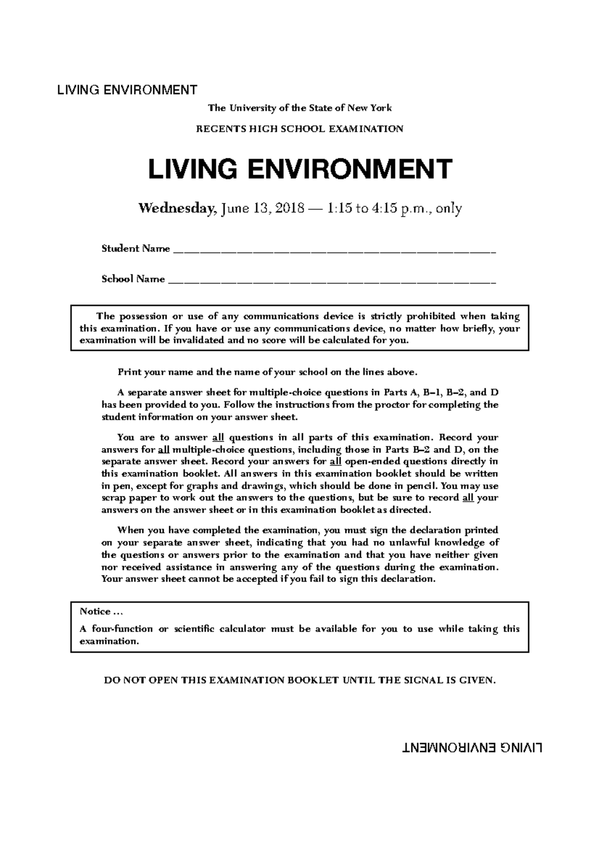 June 2018 LE Practice Exam - LIVING ENVIRONMENT The University of the ...