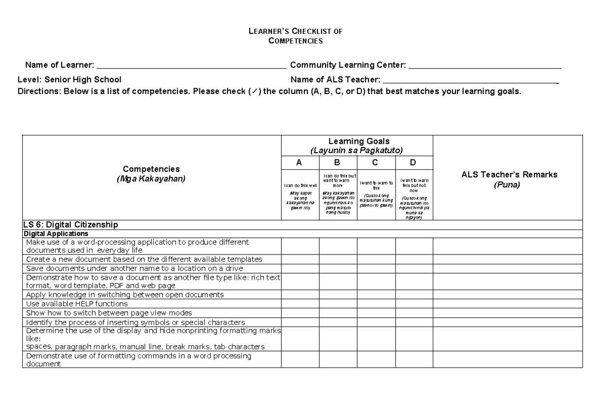 Rpls form 4 - RPL FORM 4 - _ LEARNER’S CHECKLIST OF COMPETENCIES Name ...