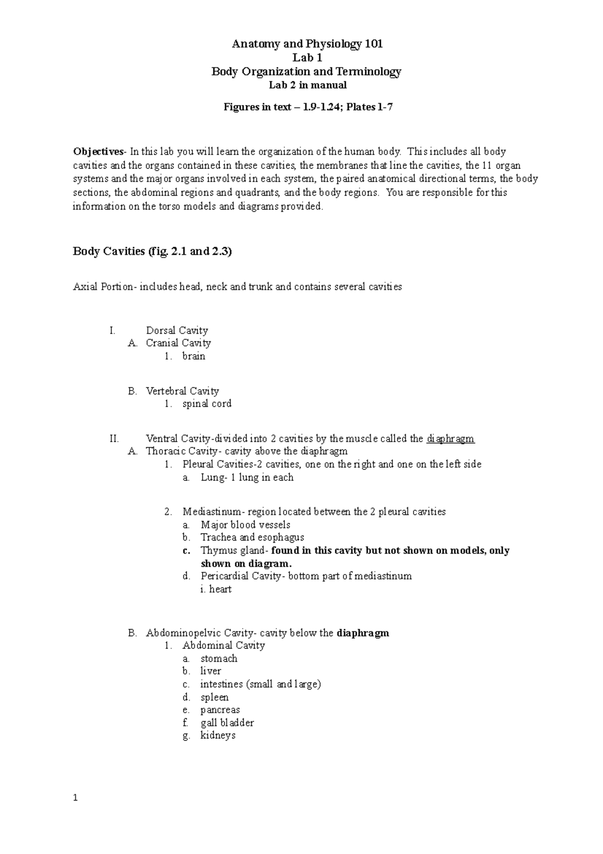 101-Lab-01-body-organization - Anatomy and Physiology 101 Lab 1 Body ...