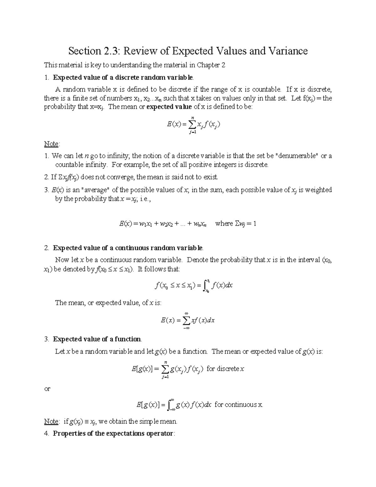 Review of Expected Values and Variance - A random variable x is defined to be discrete if the ...