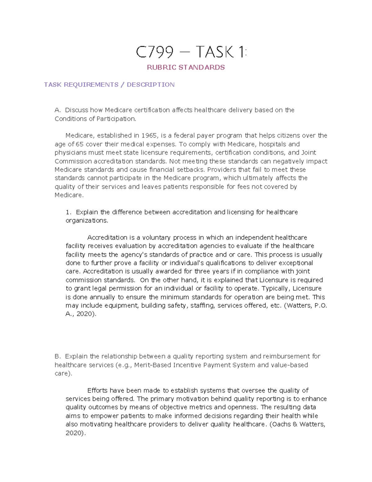 TASK 1 - TASK 1 - C799 — TASK 1: RUBRIC STANDARDS TASK REQUIREMENTS ...