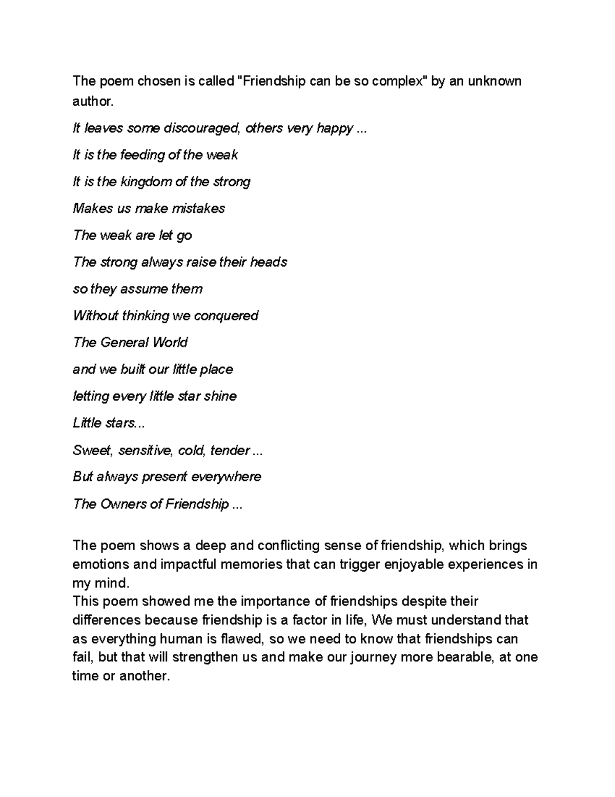 Untitled document - ..... - The poem chosen is called "Friendship can ...