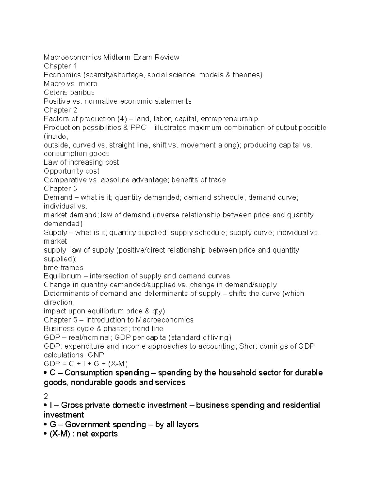 Macroeconomics Midterm Exam Review - Macroeconomics Midterm Exam Review Chapter 1 Economics ...