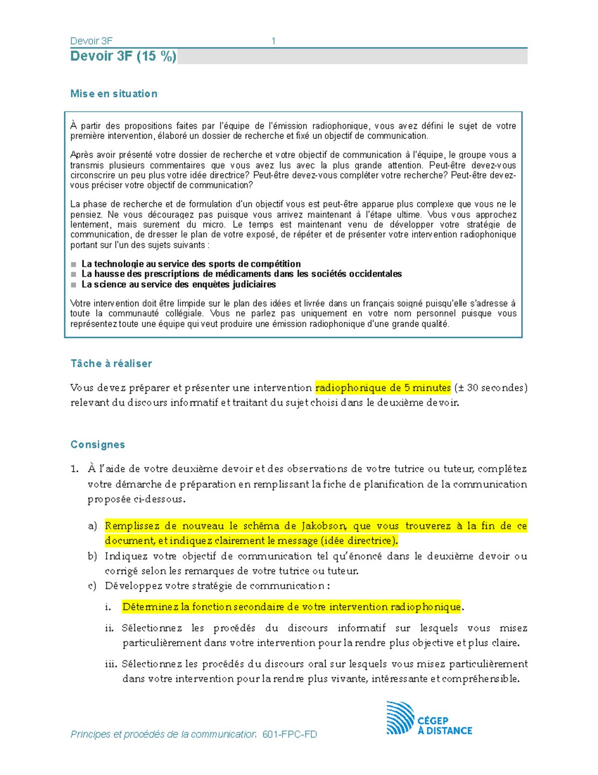 601-FPC-FD dev03F - PRINCIPES ET PROCÉDÉES DE LA COMMUNICATION - Devoir ...