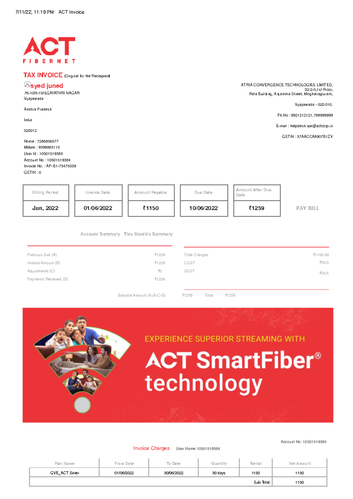 Jbjhvhmb - efe - 7/11/22, 11:19 PM ACT Invoice ATRIA CONVERGENCE ...