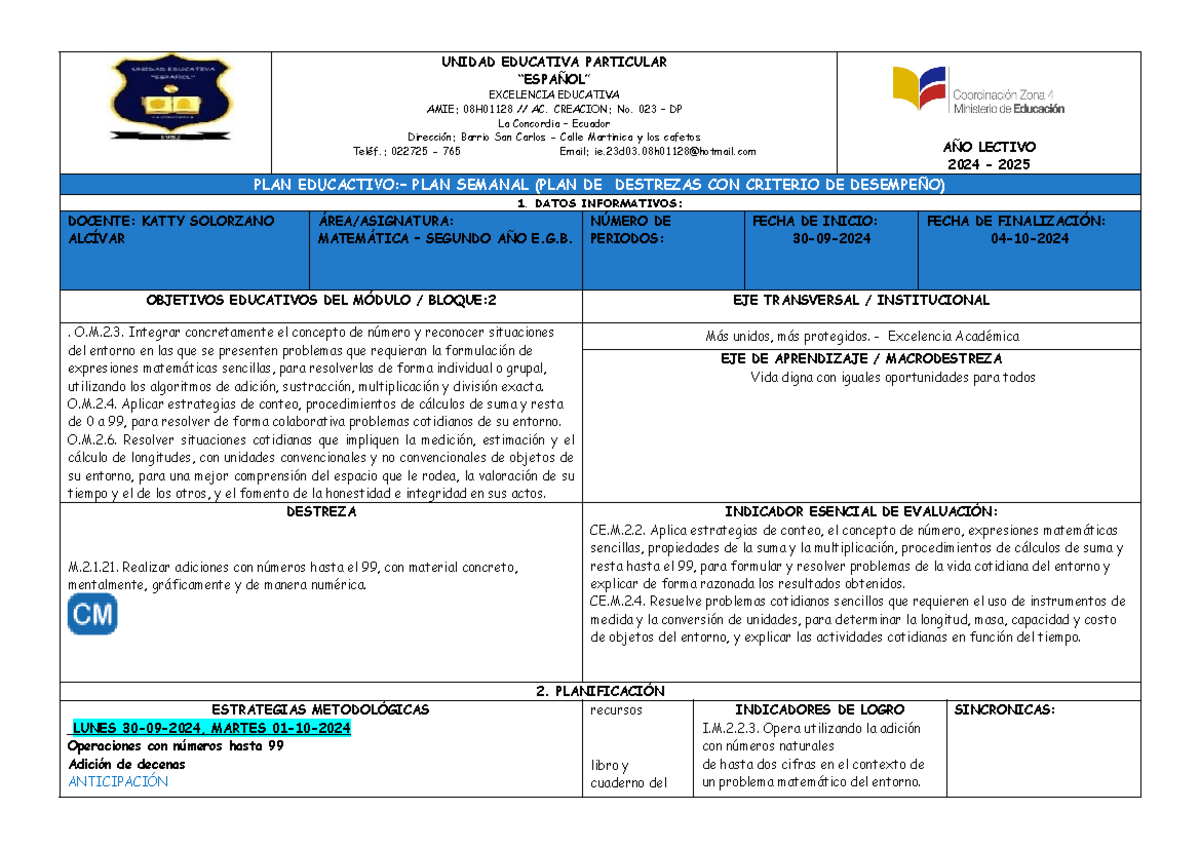 Matematica- Destreza Unidad 4 - UNIDAD EDUCATIVA PARTICULAR “ESPAÑOL ...