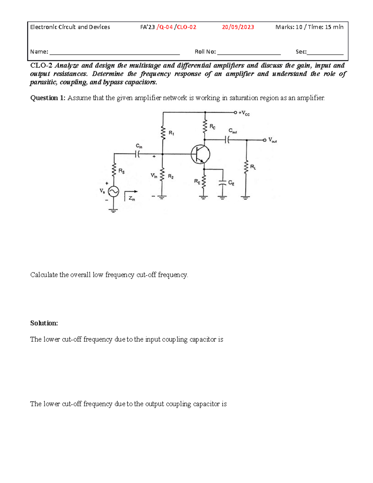 Quiz 4 Solution - this is also quiz - Electronic Circuit and Devices FA ...