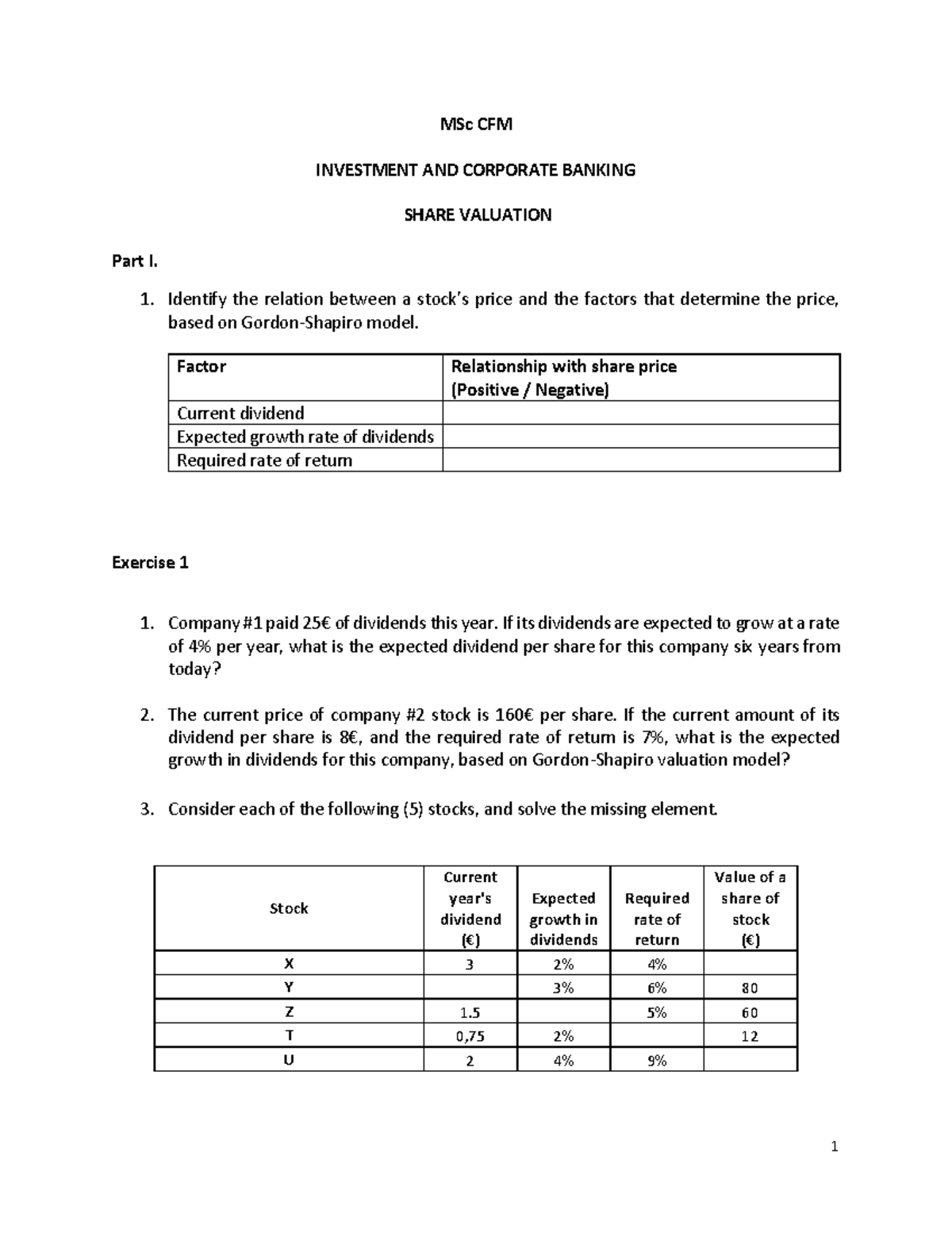 Tutorial 2 - MSc CFM INVESTMENT AND CORPORATE BANKING SHARE VALUATION ...
