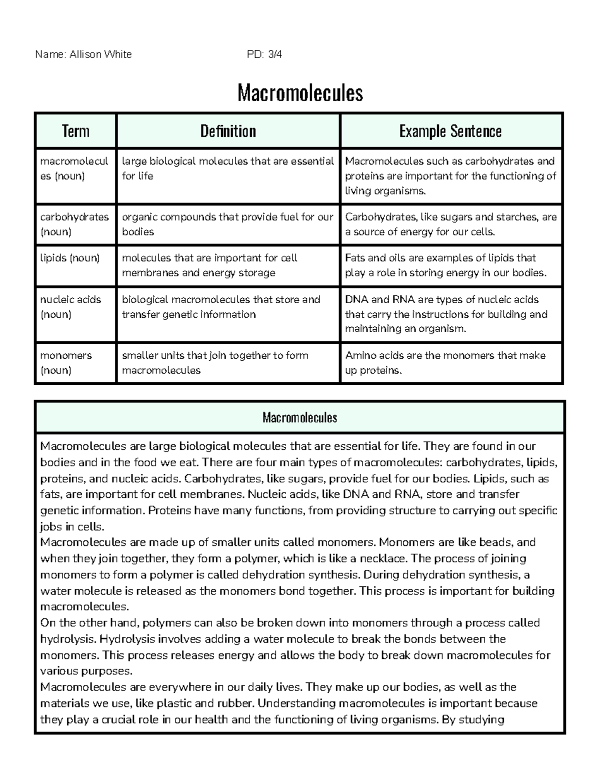 Macromolecules Worksheet - Name: Allison White PD: 3/ Macromolecules ...