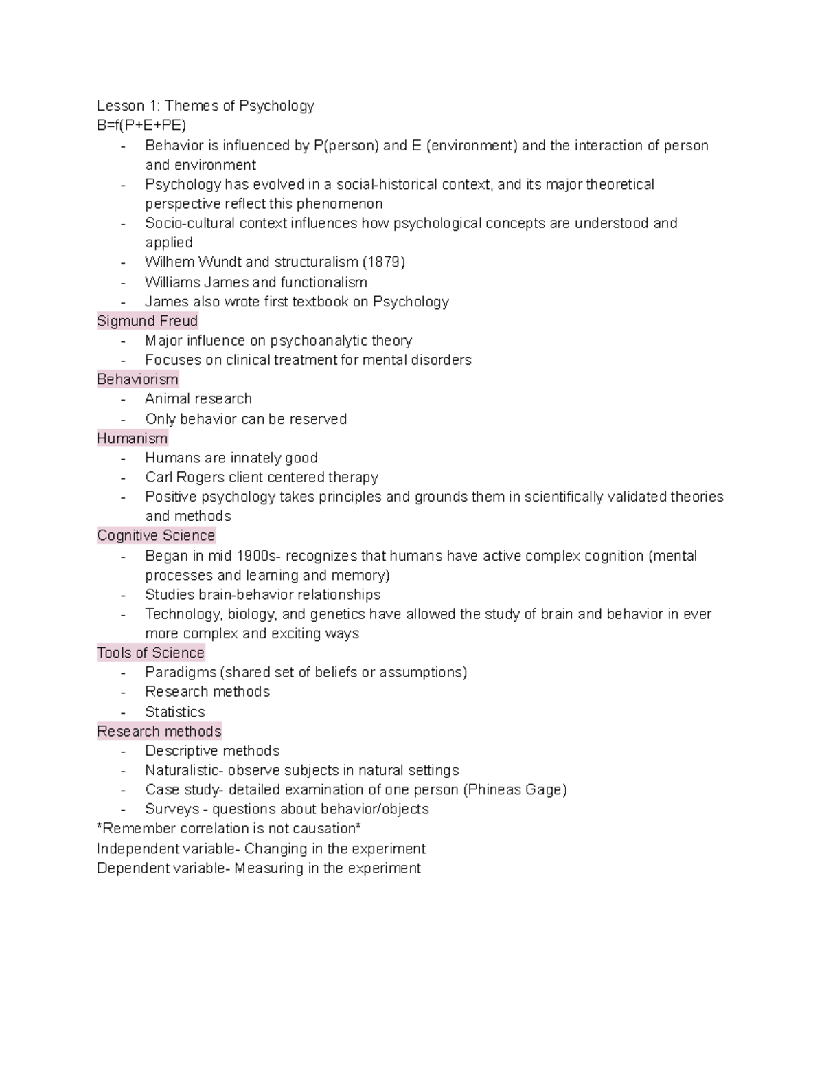 Lesson 1 Themes of Psychology - Lesson 1: Themes of Psychology B=f(P+E ...