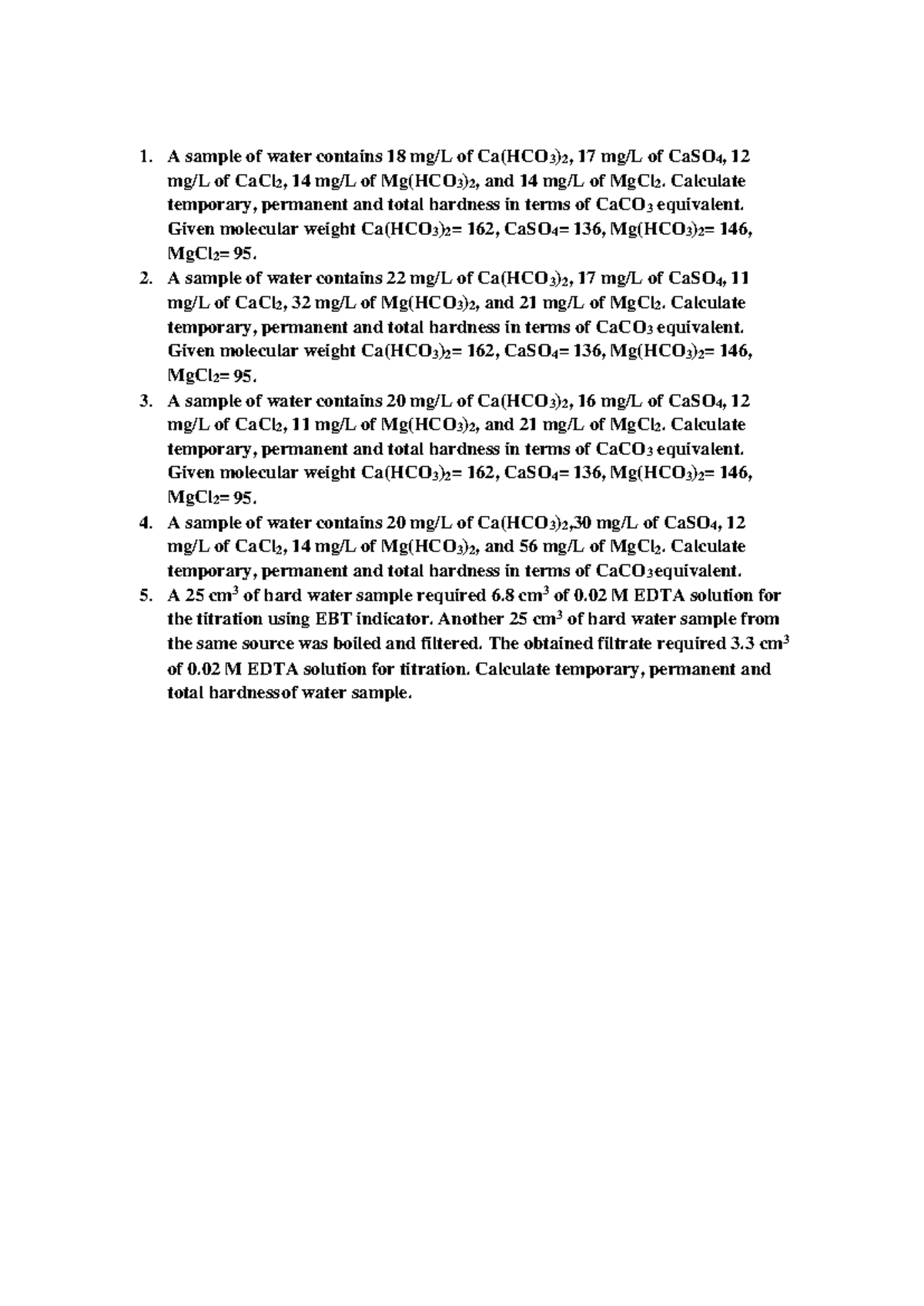 Numericals on Hardness of water - A sample of water contains 18 mg/L of ...