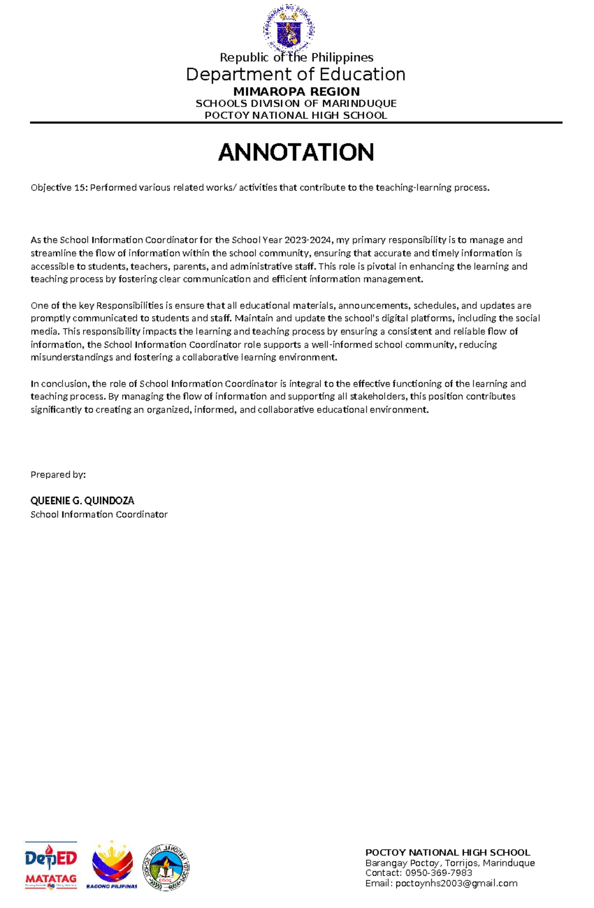 Annotation for coordinatorship - POCTOY NATIONAL HIGH SCHOOL Barangay ...