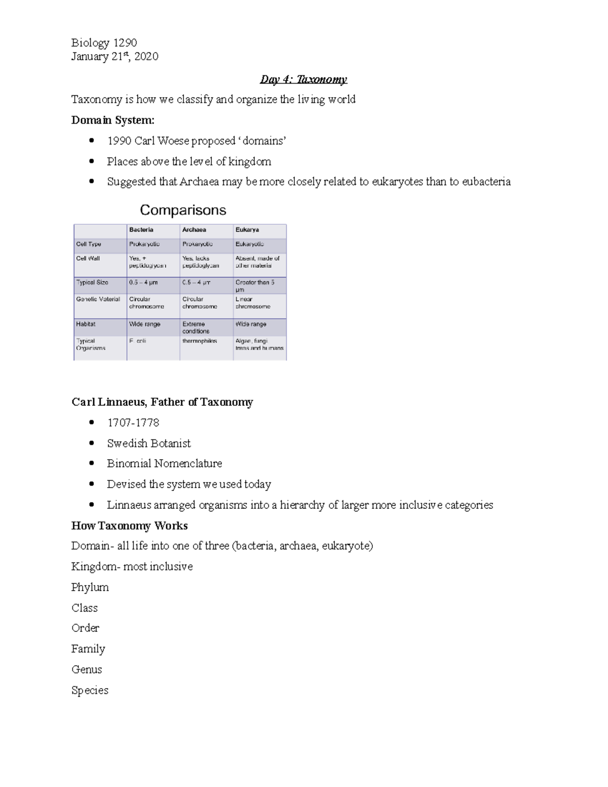 1290- Day 4 Taxonomy - Notes - January 21st, 2020 Day 4: Taxonomy ...