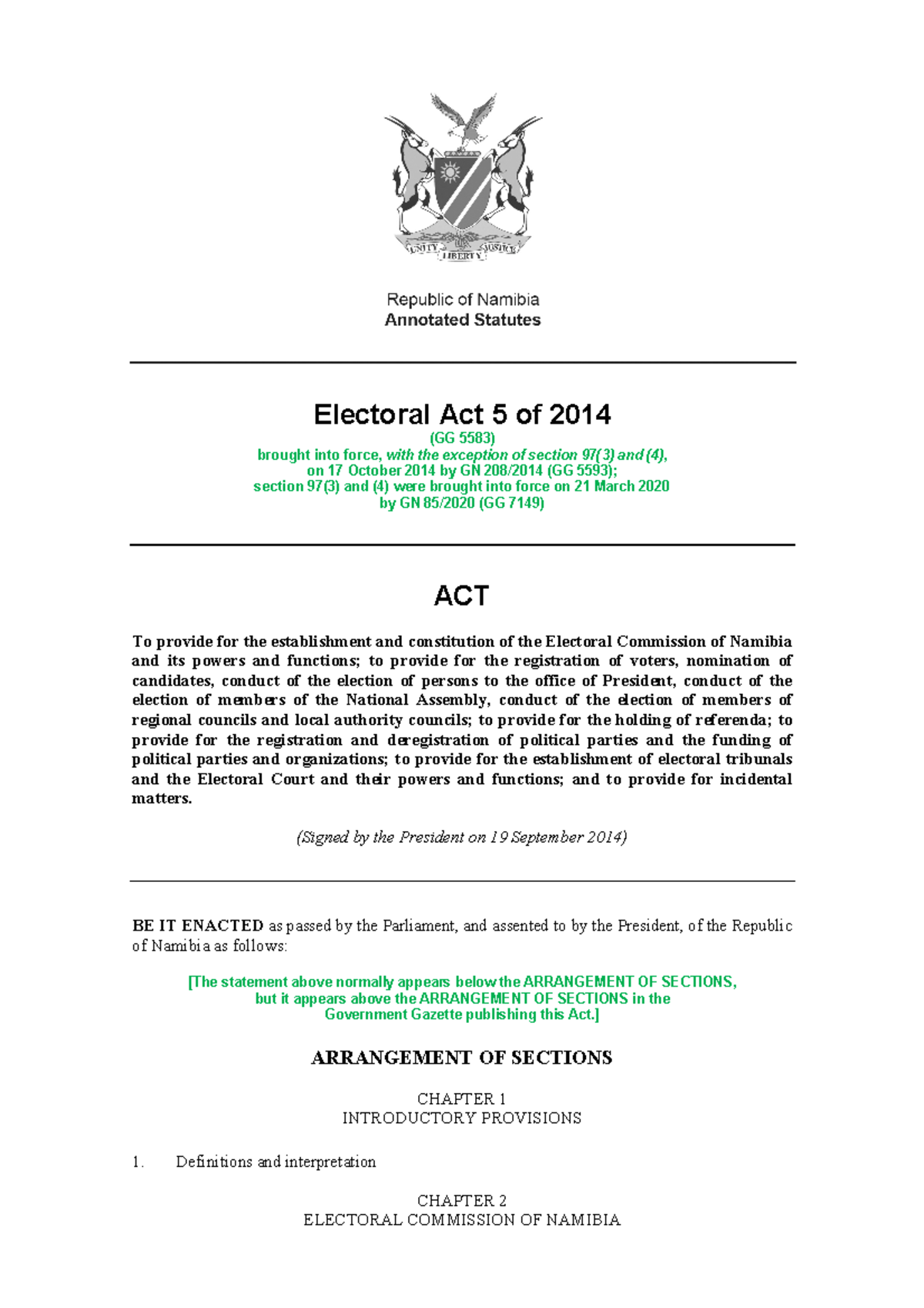 Electoral Act 5 of 2014 - Act - Introduction to Law - UNAM - Studocu