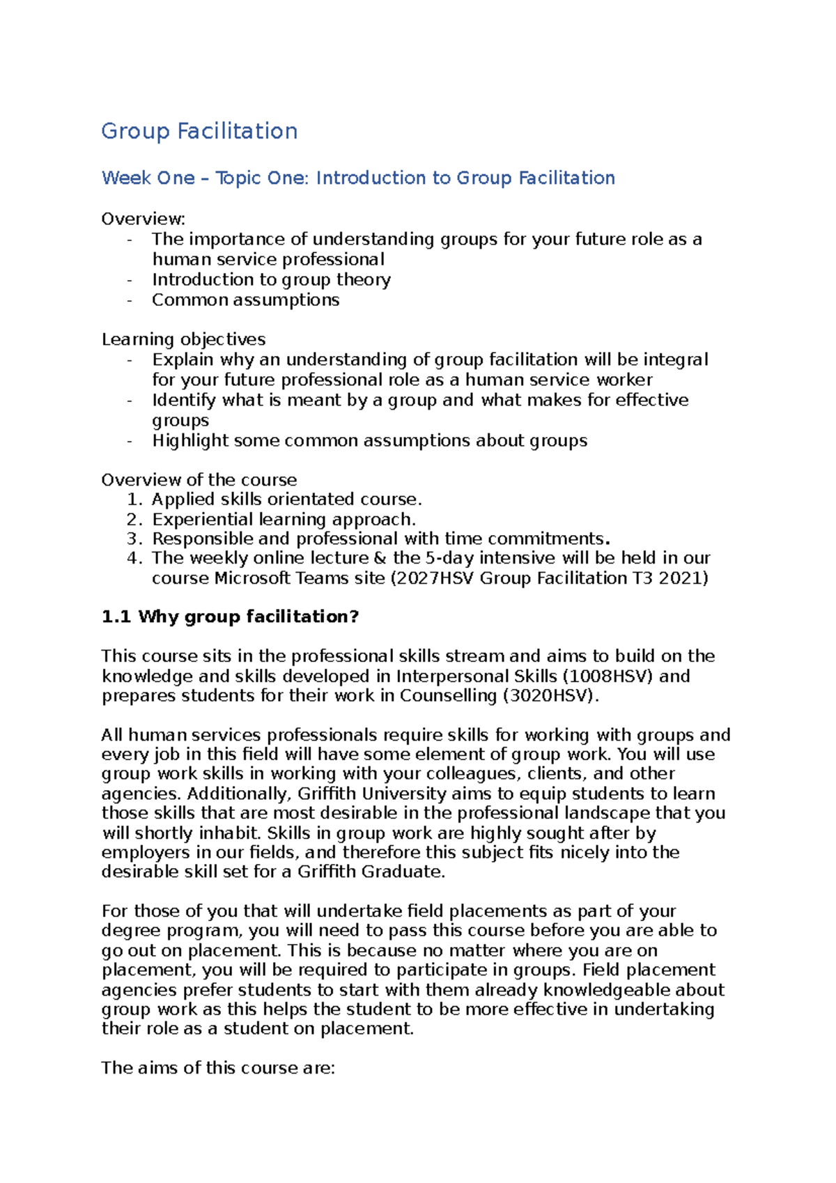 Group Facilitation Notes - Group Facilitation Week One – Topic One ...