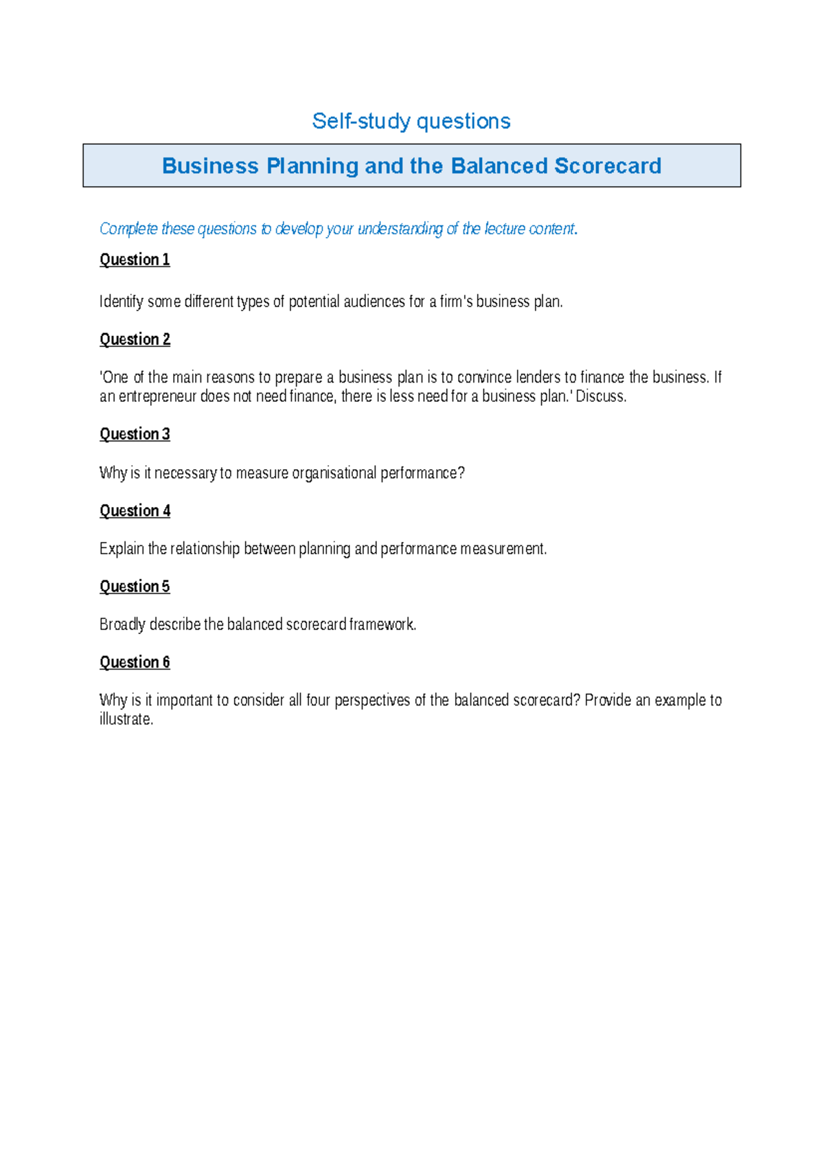 Topic 8 Self-study questions - Self-study questions Business Planning ...